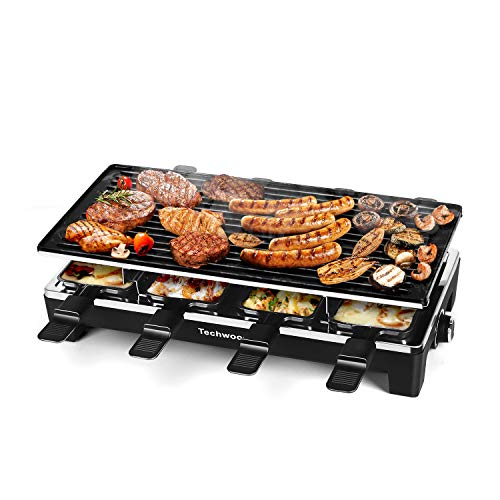 Raclette Table Grill, Techwood Electric Indoor Grill Korean BBQ Grill, Removable 2-in-1 Non-Stick Grill Plate, 1500W Fast Heating with 8 Cheese Melt Pans, Ideal for Parties and Family Fun