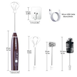 Milk Frother Handheld - Handheld Electric Blender Portable Coffee Frother USB Rechargeable 3 Speed Milk Frother with 2 Stainless Steel Blenders and 1 Cleaning Brush 1 Blending Spoon