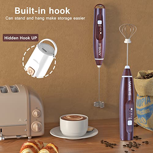 Milk Frother Handheld - Handheld Electric Blender Portable Coffee Frother USB Rechargeable 3 Speed Milk Frother with 2 Stainless Steel Blenders and 1 Cleaning Brush 1 Blending Spoon