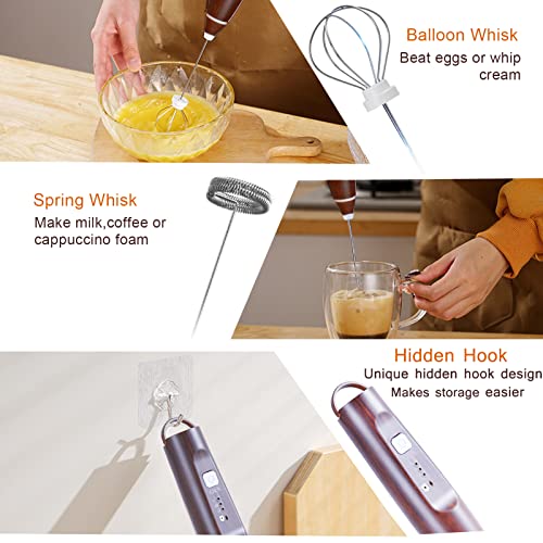 Milk Frother Handheld - Handheld Electric Blender Portable Coffee Frother USB Rechargeable 3 Speed Milk Frother with 2 Stainless Steel Blenders and 1 Cleaning Brush 1 Blending Spoon