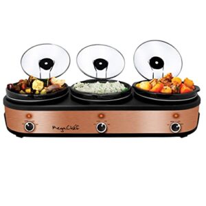 megachef triple 2.5 quart slow cooker and buffet server in brushed copper and black finish with 3 ceramic cooking pots and removable lid rests