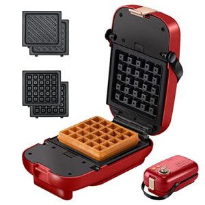 auertech sandwich waffle maker, 650w 2 in 1 portable mini sandwich maker panini press grill with, indicator lights, cool touch handle, detachable non-stick plates, 0-15 mins adjustable timer (red)