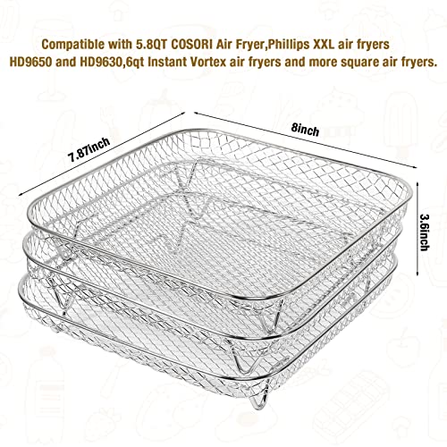 8 inch Air Fryer Rack for Instant Vortex Air Fryer, Philips,COSORI Air Fryer, Stackable Square Rack,Stainless Steel Multi-Layer Dehydrator Air Flow Rack,Air Fryer Accessories