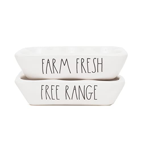 Rae Dunn by Magenta Stoneware Egg Trays - Set of 2 Farmhouse Style Egg Holders Fit 12 Eggs, Hand Lettered "Farm Fresh" and "Free Range"