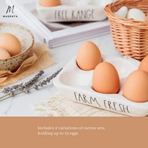 Rae Dunn by Magenta Stoneware Egg Trays - Set of 2 Farmhouse Style Egg Holders Fit 12 Eggs, Hand Lettered "Farm Fresh" and "Free Range"