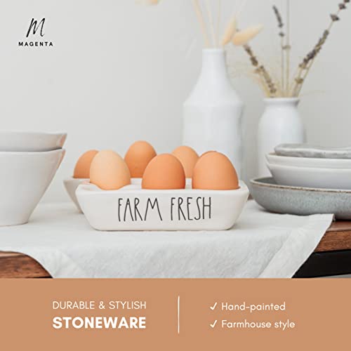 Rae Dunn by Magenta Stoneware Egg Trays - Set of 2 Farmhouse Style Egg Holders Fit 12 Eggs, Hand Lettered "Farm Fresh" and "Free Range"