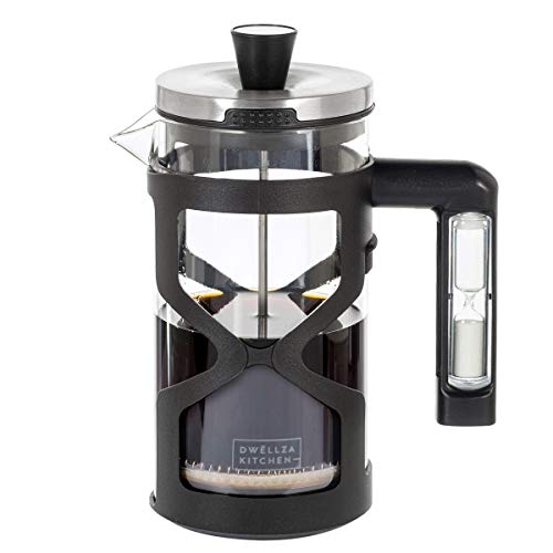 DWËLLZA KITCHEN French Press Coffee Maker - with 3 Minute Timer Handle, 34 Ounce, Triple Filtration System, Includes 2 Additional Filters, Glass Coffee French Press with Black Shell Protecting