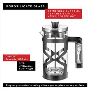 DWËLLZA KITCHEN French Press Coffee Maker - with 3 Minute Timer Handle, 34 Ounce, Triple Filtration System, Includes 2 Additional Filters, Glass Coffee French Press with Black Shell Protecting