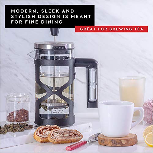 DWËLLZA KITCHEN French Press Coffee Maker - with 3 Minute Timer Handle, 34 Ounce, Triple Filtration System, Includes 2 Additional Filters, Glass Coffee French Press with Black Shell Protecting