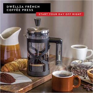 DWËLLZA KITCHEN French Press Coffee Maker - with 3 Minute Timer Handle, 34 Ounce, Triple Filtration System, Includes 2 Additional Filters, Glass Coffee French Press with Black Shell Protecting