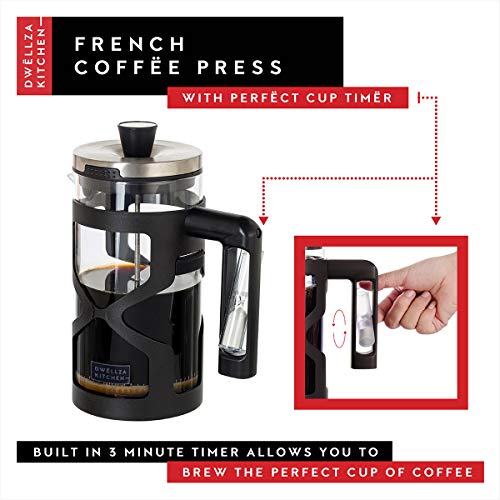 DWËLLZA KITCHEN French Press Coffee Maker - with 3 Minute Timer Handle, 34 Ounce, Triple Filtration System, Includes 2 Additional Filters, Glass Coffee French Press with Black Shell Protecting