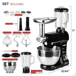 Shiinobi 6 in 1 Black Stand Mixer |500W Electric Mixer with 5 Liter Stainless Steel Bowl, 1.5 Liter Glass Jar |Kitchen Mixer with Hook, Whisk & Beater