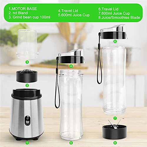 Personal Shakes Smoothies Blender juicer - Small Frozen Food and Vegetable Fruit Electric Mix Processor with 2x600 Juicer Cup and One Grind Bottle & Kitchen Travel