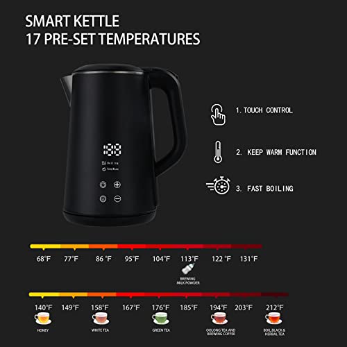 Murasakino Electric Kettle,Electric Kettle Temperature Control,Touch Screen Control, 12 Hour Keep Warm Function,Electric Kettle with Temperature Control,BPA Free Tea Kettle,Black