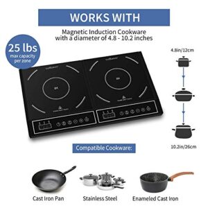 CUISUNYO Double Induction Cooktop Power Sharing Portable Induction Burner 1800w Countertop Temperature and Power Settings Electric Burner with Timer and Digital Control