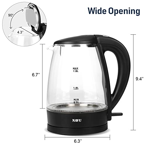 NAVU Electric Kettle 1.8 Liter, Stainless Steel Inner Lid, 1500W Power with LED Indicator, Glass Tea Kettle for Quick Boiling Water, Auto Shut-off and Boil-dry Protection