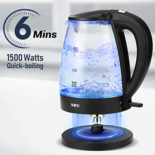 NAVU Electric Kettle 1.8 Liter, Stainless Steel Inner Lid, 1500W Power with LED Indicator, Glass Tea Kettle for Quick Boiling Water, Auto Shut-off and Boil-dry Protection