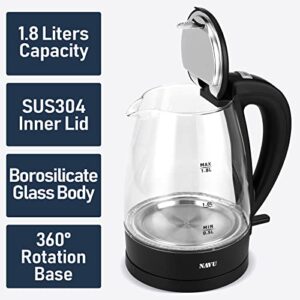 NAVU Electric Kettle 1.8 Liter, Stainless Steel Inner Lid, 1500W Power with LED Indicator, Glass Tea Kettle for Quick Boiling Water, Auto Shut-off and Boil-dry Protection