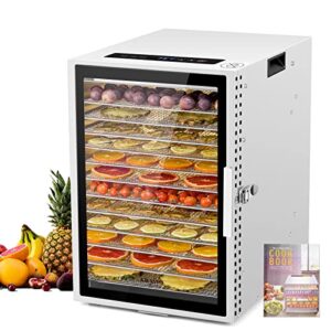 kwasyo food dehydrator machine, 12 trays all stainless steel, dual fan 360° efficient drying, 24h adjustable timer & 68℉ to 194℉ temperature control, overheat protection, food dryer for jerky meat fruit vegetable pet treats, 800w