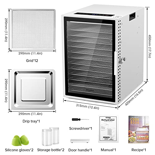 Kwasyo Food Dehydrator Machine, 12 Trays ALL Stainless Steel, Dual fan 360° Efficient Drying, 24H Adjustable Timer & 68℉ to 194℉ Temperature Control, Overheat Protection, Food Dryer for jerky meat fruit vegetable Pet Treats, 800W