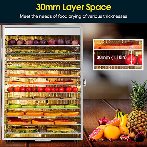 Kwasyo Food Dehydrator Machine, 12 Trays ALL Stainless Steel, Dual fan 360° Efficient Drying, 24H Adjustable Timer & 68℉ to 194℉ Temperature Control, Overheat Protection, Food Dryer for jerky meat fruit vegetable Pet Treats, 800W