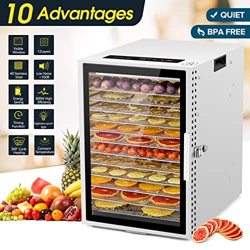 Kwasyo Food Dehydrator Machine, 12 Trays ALL Stainless Steel, Dual fan 360° Efficient Drying, 24H Adjustable Timer & 68℉ to 194℉ Temperature Control, Overheat Protection, Food Dryer for jerky meat fruit vegetable Pet Treats, 800W