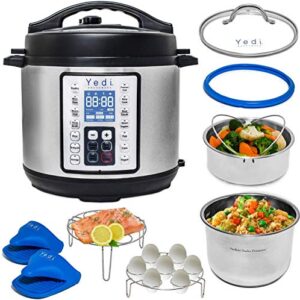 yedi 9-in-1 total package instant programmable pressure cooker, 6 quart, deluxe accessory kit, recipes, pressure cook, slow cook, rice cooker, yogurt maker, egg cook, sauté, steamer, stainless steel