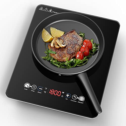 VBGK Portable Induction Cooktop With Ultra Thin Body, Low Noise Hot Plate With 1800W Sensor Touch Single Electric Cooktops Countertop Stove With 9 Temperature & Power Levels, 3-hour Timer, Safety Lock Induction Cooktop