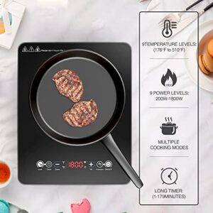 VBGK Portable Induction Cooktop With Ultra Thin Body, Low Noise Hot Plate With 1800W Sensor Touch Single Electric Cooktops Countertop Stove With 9 Temperature & Power Levels, 3-hour Timer, Safety Lock Induction Cooktop