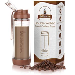 betterbrew travel french press coffee maker | portable insulated coffee press with plunger for travel, commuting and outdoors | borosilicate glass cup for proper coffee to go! (15 oz)…