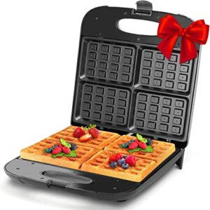 aigostar waffle maker, 4-slice non-stick belgian waffle iron, 1400w square waffle machine with indicator lights, easy to clean, pfoa free, compact design, etl certificated, black