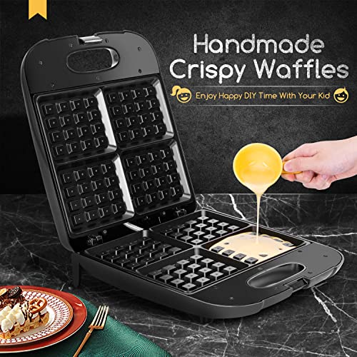 Aigostar Waffle Maker, 4-Slice Non-Stick Belgian Waffle Iron, 1400W Square Waffle Machine with Indicator Lights, Easy to Clean, PFOA Free, Compact Design, ETL Certificated, Black