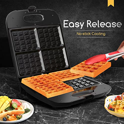 Aigostar Waffle Maker, 4-Slice Non-Stick Belgian Waffle Iron, 1400W Square Waffle Machine with Indicator Lights, Easy to Clean, PFOA Free, Compact Design, ETL Certificated, Black