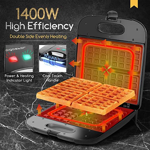 Aigostar Waffle Maker, 4-Slice Non-Stick Belgian Waffle Iron, 1400W Square Waffle Machine with Indicator Lights, Easy to Clean, PFOA Free, Compact Design, ETL Certificated, Black