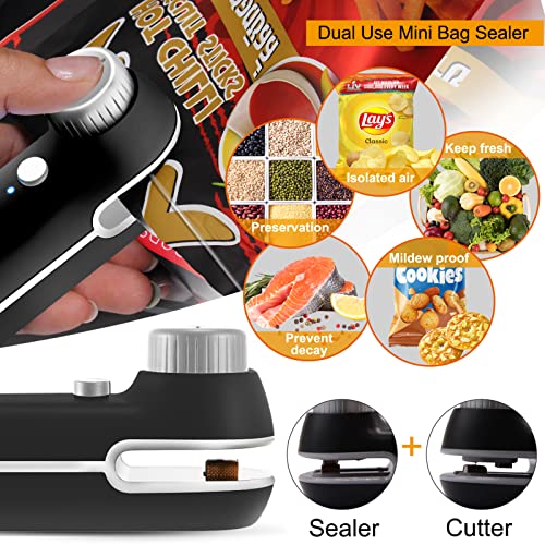 Mini Bag Sealer, 2 in 1 Bag Sealer Heat Seal Rechargeable and Cutter, Mini Chip Bag Sealer Heat Seal with Soft Magnetic -Black