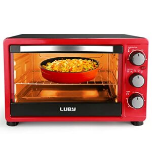 luby convection toaster oven with timer, toast, broil settings, includes baking pan, rack and crumb tray, 6-slice, red