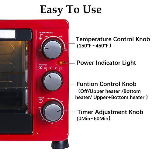 LUBY Convection Toaster Oven with Timer, Toast, Broil Settings, Includes Baking Pan, Rack and Crumb Tray, 6-Slice, Red