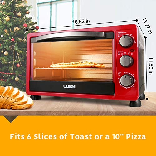 LUBY Convection Toaster Oven with Timer, Toast, Broil Settings, Includes Baking Pan, Rack and Crumb Tray, 6-Slice, Red