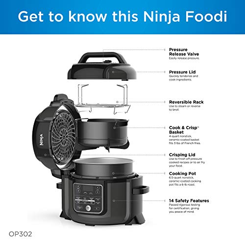 Ninja OP302 Foodi 9-in-1 Pressure, Broil, Dehydrate, Slow Cooker, Air Fryer, and More, with 6.5 Quart Capacity and 45 Recipe Book, and a High Gloss Finish