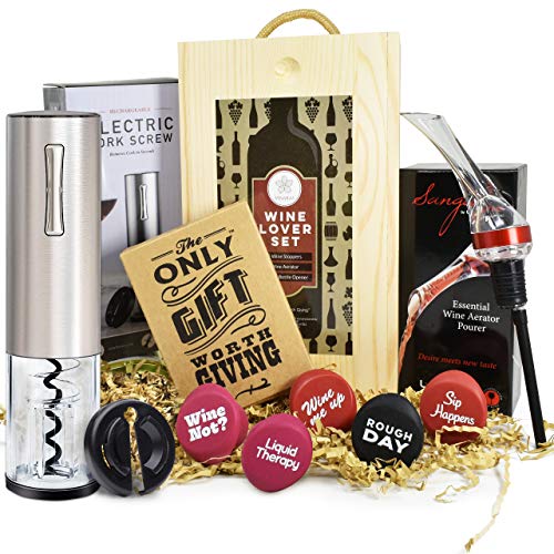 Wine Gifts Set – Luxurious Wine Accessories Set with Wooden Box- Wine Set includes Rechargeable Wine Opener, Aerator, Wine Stoppers & Pairing Guide- The Best Wine Basket Gift - Wine Gifts for Women