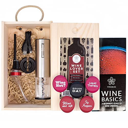 Wine Gifts Set – Luxurious Wine Accessories Set with Wooden Box- Wine Set includes Rechargeable Wine Opener, Aerator, Wine Stoppers & Pairing Guide- The Best Wine Basket Gift - Wine Gifts for Women