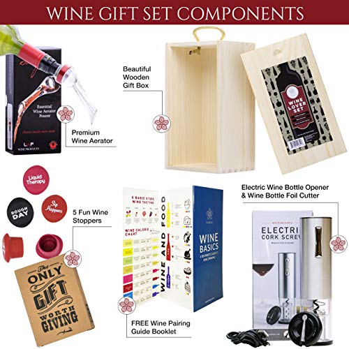 Wine Gifts Set – Luxurious Wine Accessories Set with Wooden Box- Wine Set includes Rechargeable Wine Opener, Aerator, Wine Stoppers & Pairing Guide- The Best Wine Basket Gift - Wine Gifts for Women