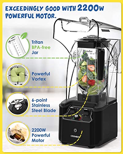 CRANDDI Quiet Commercial Blender with Soundproof Shield, 2200 Watt Professional Blenders for Kitchen with 80oz Jar and Self-Cleaning, High-Speed Blenders K90 Black