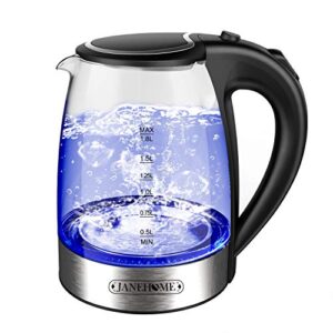 plaman electric kettle,glass tea kettle 1.8l with blue led for boiling water,bpa-free hot water glass kettle with auto shut-off and boil dry protection for coffee & tea