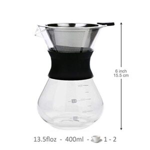 Pour Over Coffee Maker Set with Reusable Stainless Steel Drip Filter Elegant Coffee Dripper Pot Glass Carafe & Permanent Stainless Steel Filter