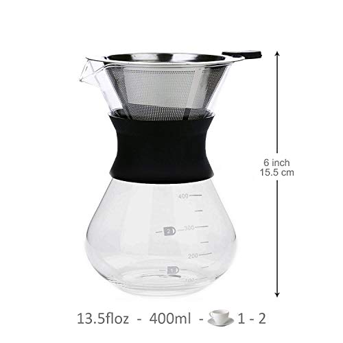 Pour Over Coffee Maker Set with Reusable Stainless Steel Drip Filter Elegant Coffee Dripper Pot Glass Carafe & Permanent Stainless Steel Filter