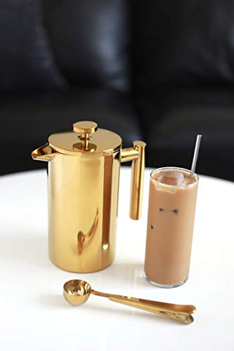 Vivine French Press Stainless Steel Double Walled Insulated Large 1L / 4 Cups of Coffee Lavish Gold Mirror Finish With Coffee Grounds Scoop 1 Tablespoon Dishwasher Safe