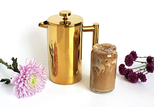 Vivine French Press Stainless Steel Double Walled Insulated Large 1L / 4 Cups of Coffee Lavish Gold Mirror Finish With Coffee Grounds Scoop 1 Tablespoon Dishwasher Safe