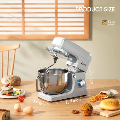 Panti Stand Mixer, 8.5 Qt. 660W 6+P Speed Kitchen Aid with Dough Hooks, Whisk, Beater and Suction Cup Bottom Splash Guard Attachments for Baking Bread, Cookie, Kneading, Dishwasher Safe, Silver