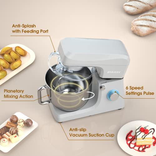 Panti Stand Mixer, 8.5 Qt. 660W 6+P Speed Kitchen Aid with Dough Hooks, Whisk, Beater and Suction Cup Bottom Splash Guard Attachments for Baking Bread, Cookie, Kneading, Dishwasher Safe, Silver